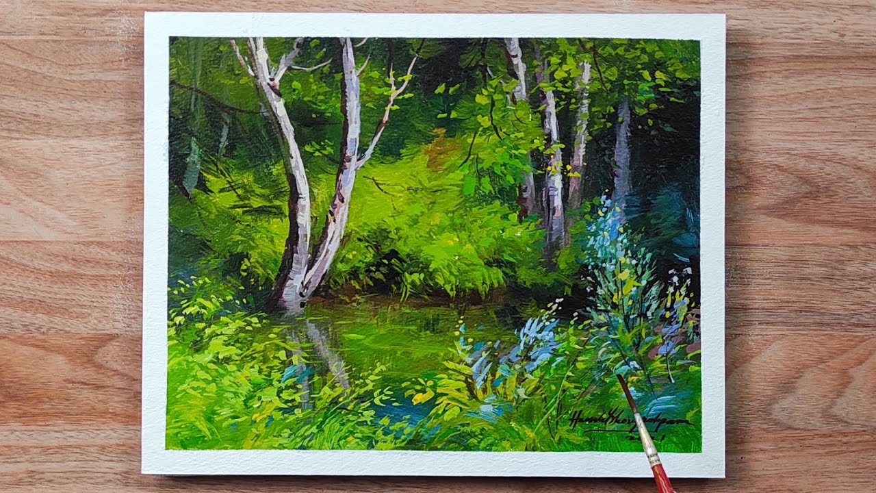 How to make "Marshy Pond" Painting / Acrylic Landscape on Paper ...