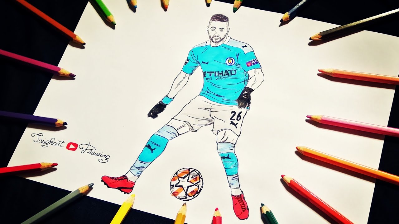 تعلم رسم اللاعب الجزائري رياض محرز بالألوان خطوة بخطوة Drawing Riyad ...