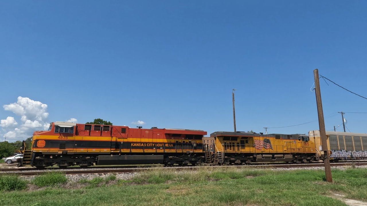 Southbound KCS 4835/UP 7615, Autorack Train, "Ennis Sub" Thornton, TX 9-7-2022 GoPro - YouTube