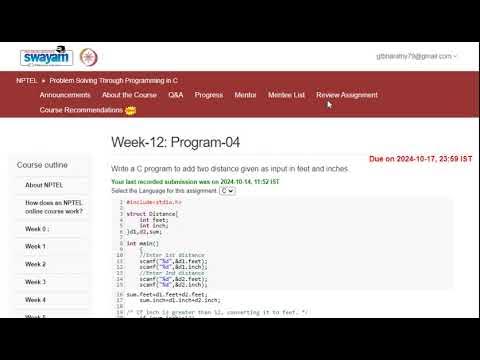 NPTEL 2024 PROBLEM SOLVING THROUGH PROGRAMMING IN C WEEK 12 PROGRAM 4 - YouTube