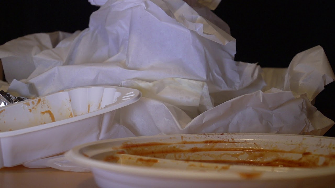 Throwing empty plastic dish on dirty paper - YouTube