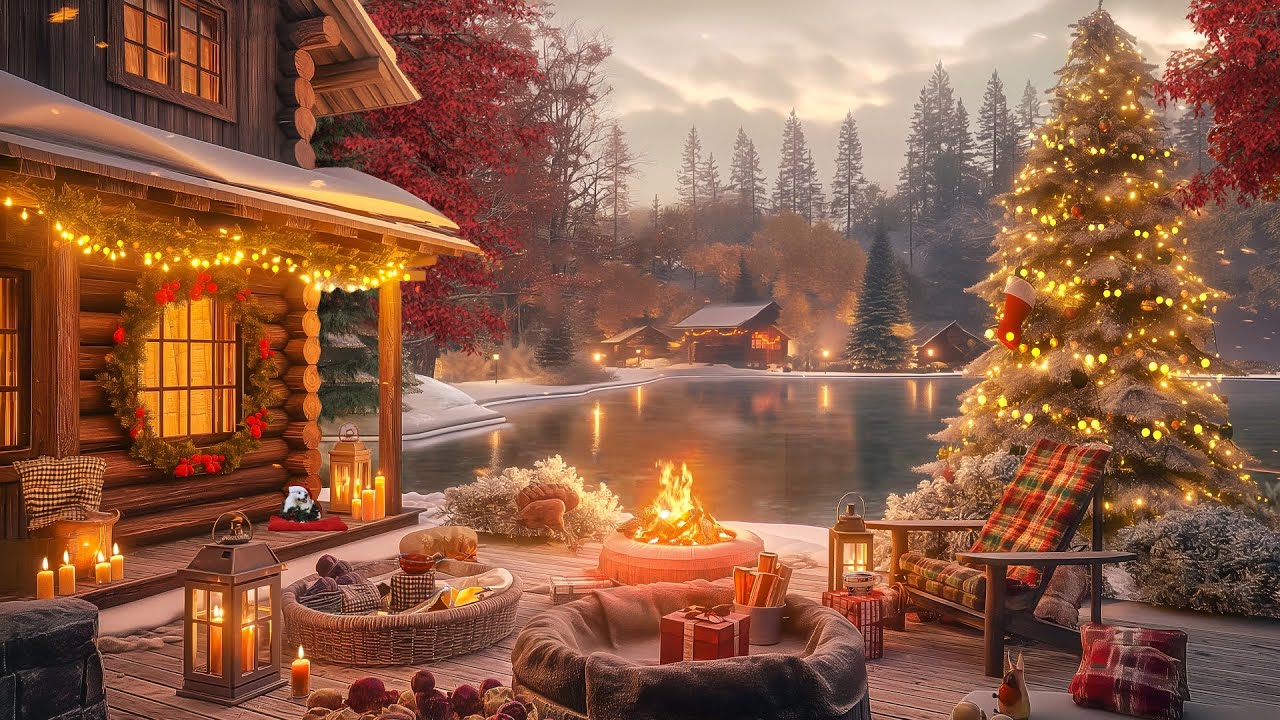 Christmas Campfire 🎄 Glowing Pine Trees and Cozy Porch Winter Ambience ...