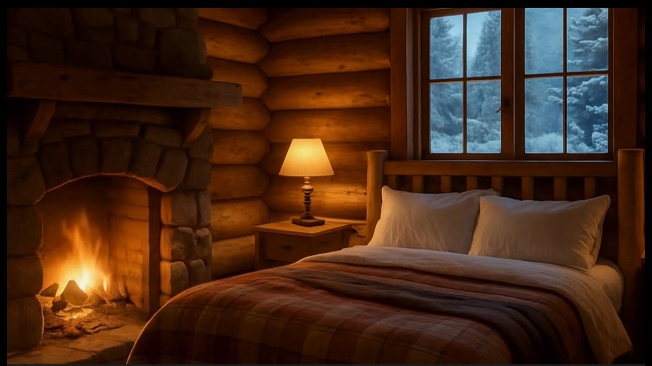 Cozy Winter Cabin Ambience – Crackling Fireplace, Snowstorm Outside ...