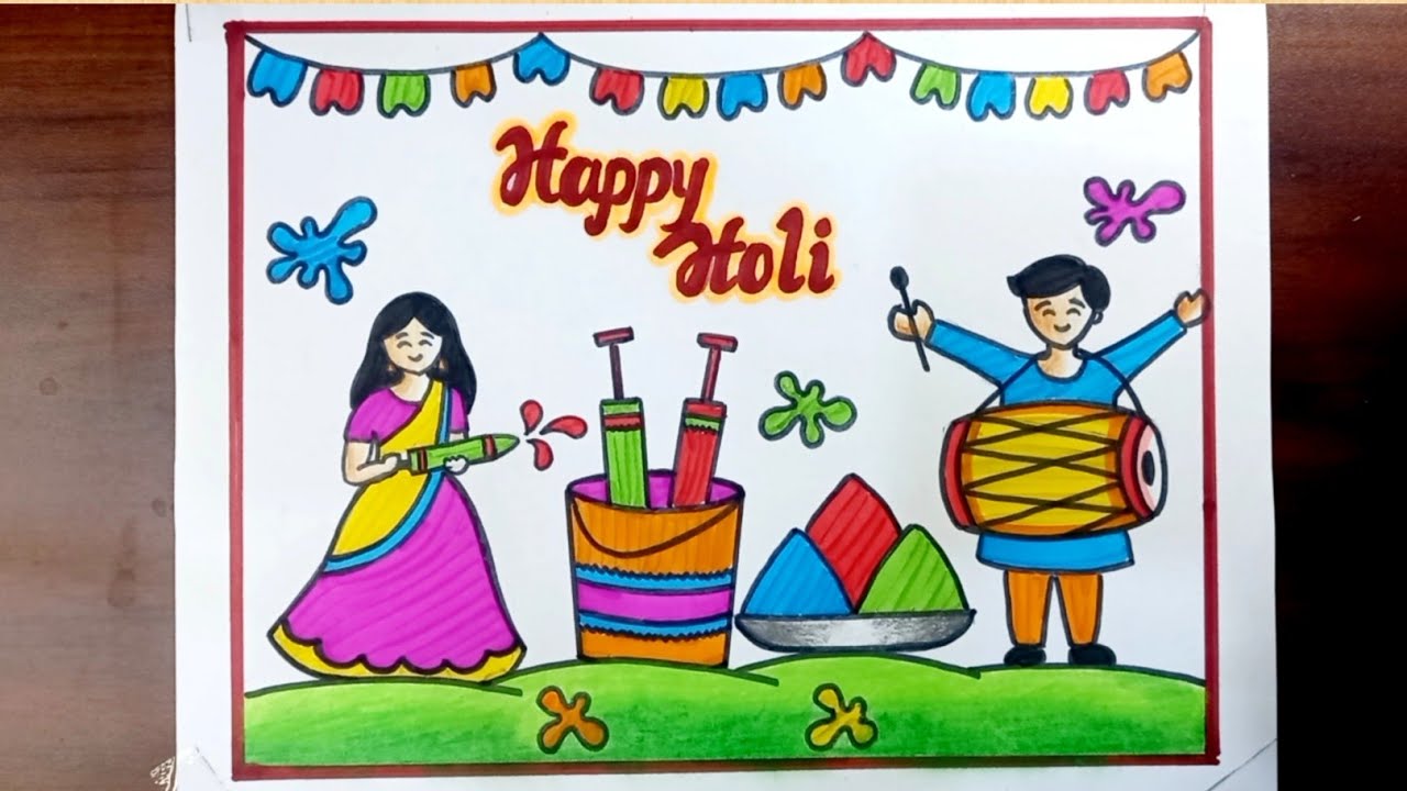 Beautiful Holi Drawing / Holi Festival Drawing/ Happy Holi Drawing Easy ...