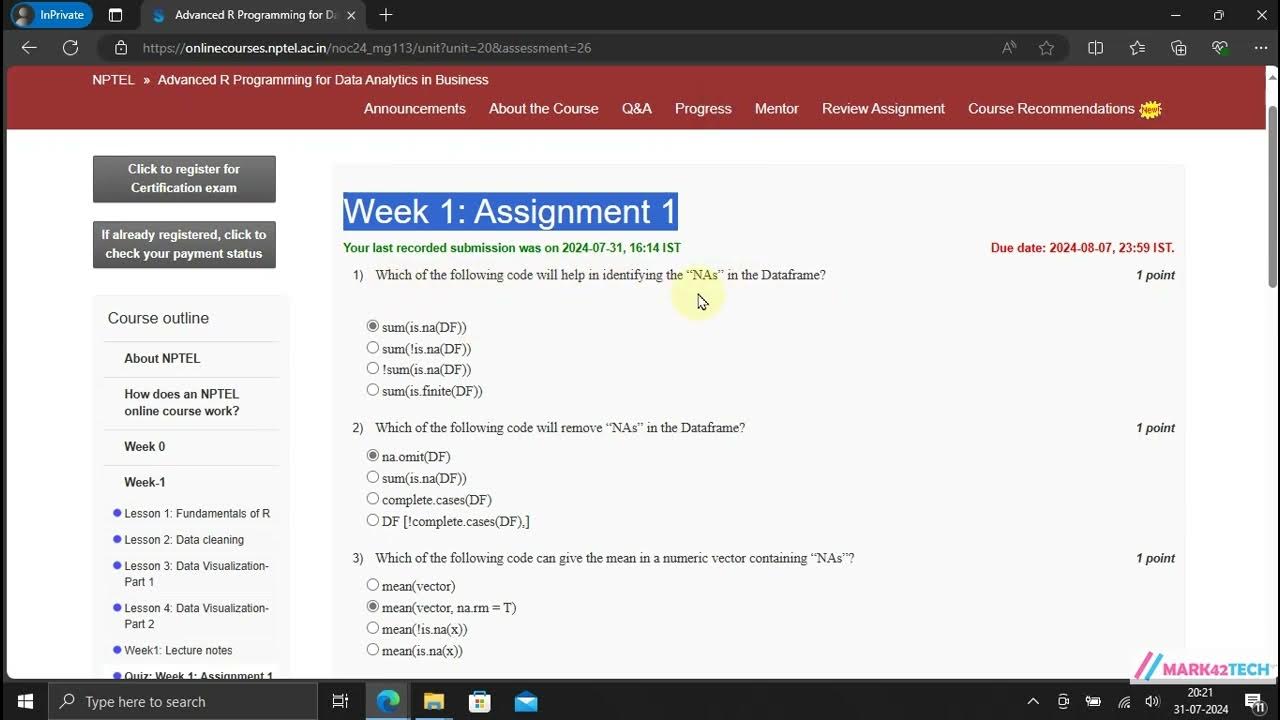 NPTEL Advanced R Programming for Data Analytics in Business Week1 Assignment1 Solution July 2024 ...