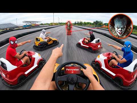 8 Spider-Men Run from Dancing Pennywise in a Wild Amusement Park Chase! (Action POV)