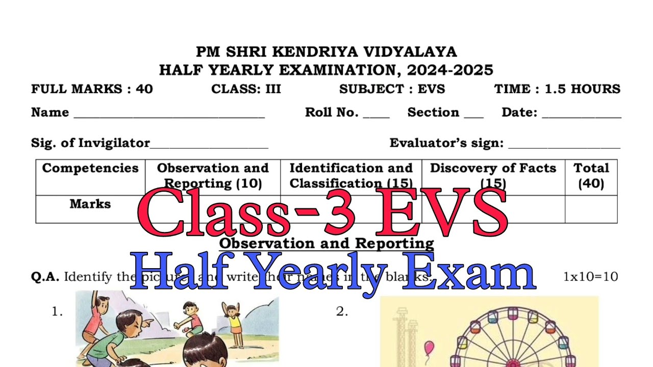 Class-3 EVS Half Yearly Exam Question Paper / Term-1 Session 2024-25 ...
