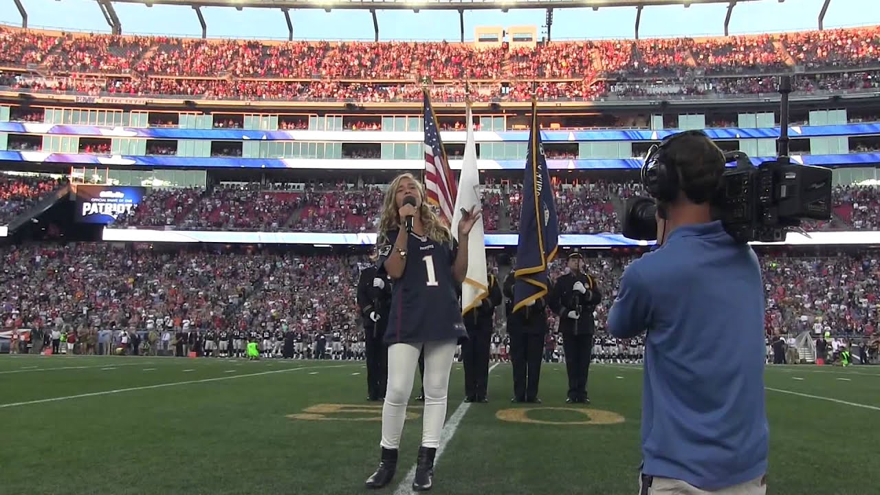 Olivia Tsetsilas (12 yo) singing National Anthem for NE Patriots ...