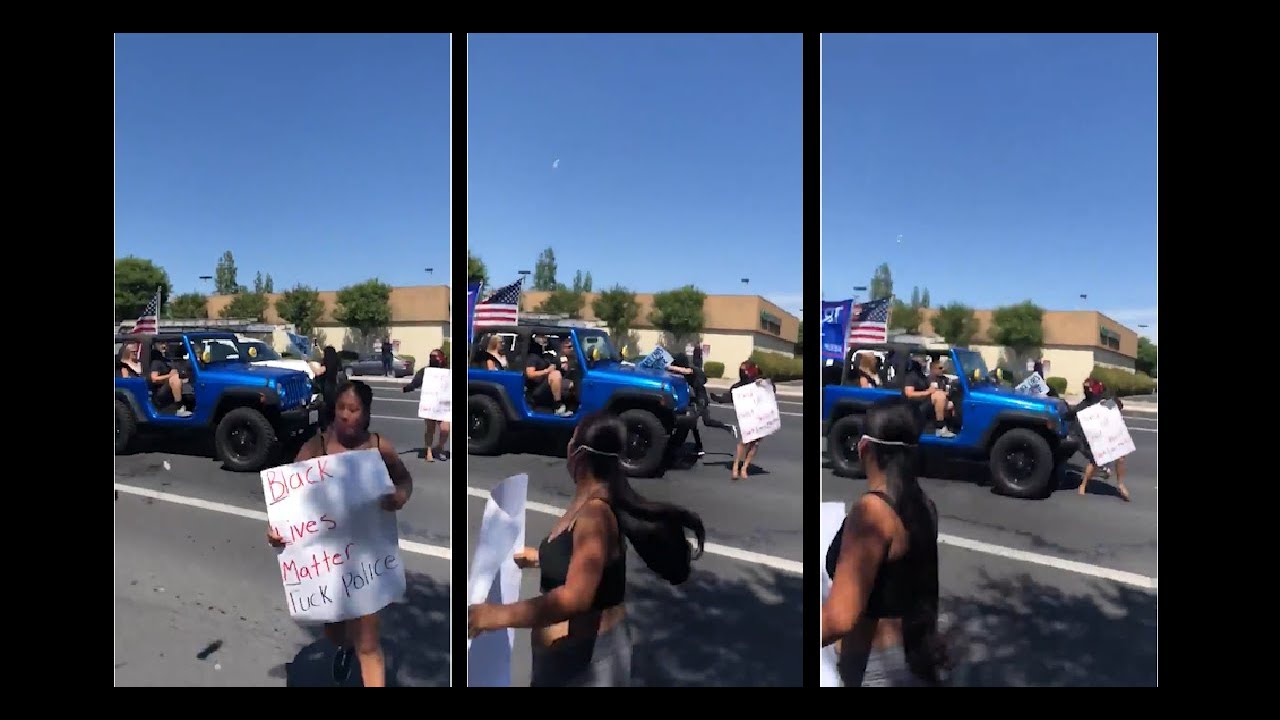 Trump Flag Waving Jeep Mows Down Protesters in California (blue jeep in ...