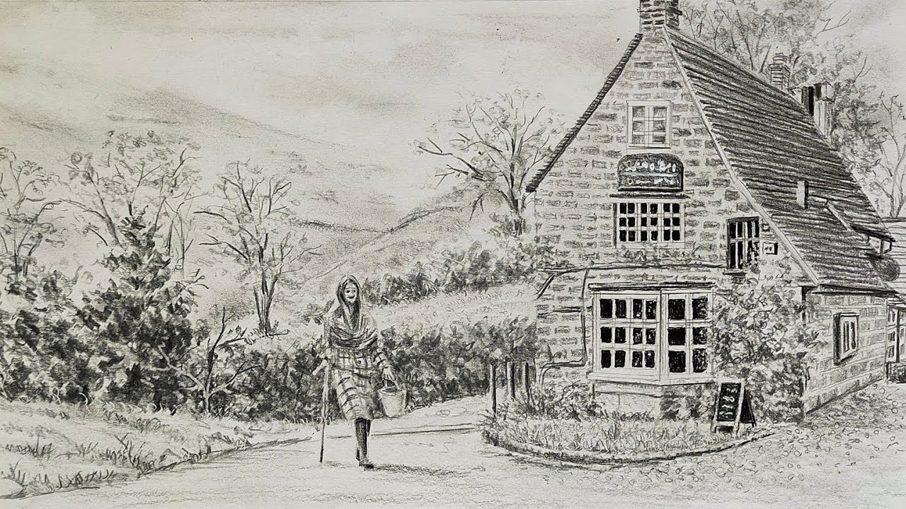 How To Draw A Old House With Brick's Wall In A Upland Scenery Art - YouTube
