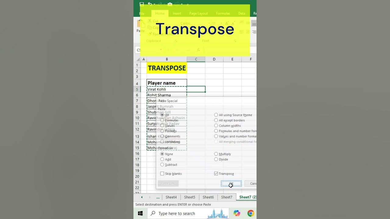 How to Transpose in Excel | Row to Column | Excel shorts #excel #exceltips - YouTube