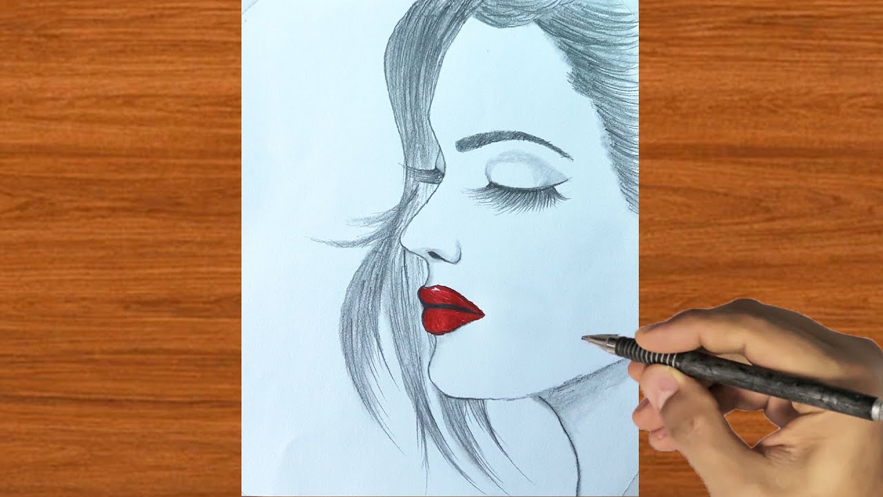 A girl with beautiful lips Pencil Sketch drawing step by step - YouTube