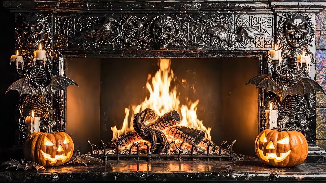 | 4K | Spooky Halloween Fireplace 2 Hour Relaxing Fire with Skull & Bat ...