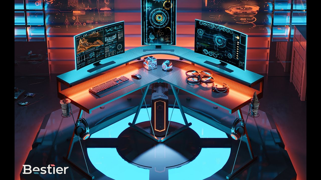 Bestier Gamer Desk with Full Size Monitor Shelf - YouTube