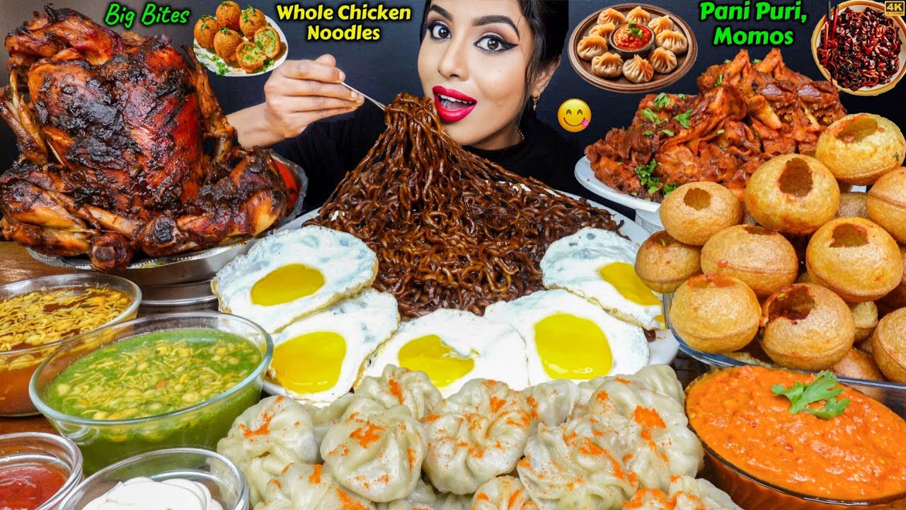 ASMR Eating Spicy Pani Puri,Whole Chicken,Momos,Noodles,Egg Indian ...
