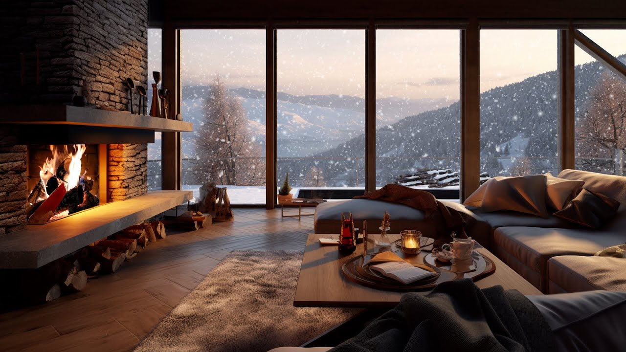 Snowy Peak Serenity | Fireplace And Wind Calmness | Mountain Chalet ...