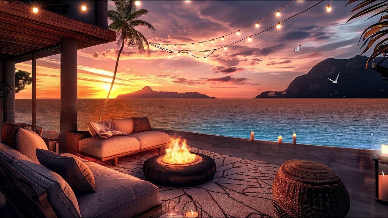 Nighttime Seaside Vibes: Cozy Porch Setting with Elegant Jazz Music and ...