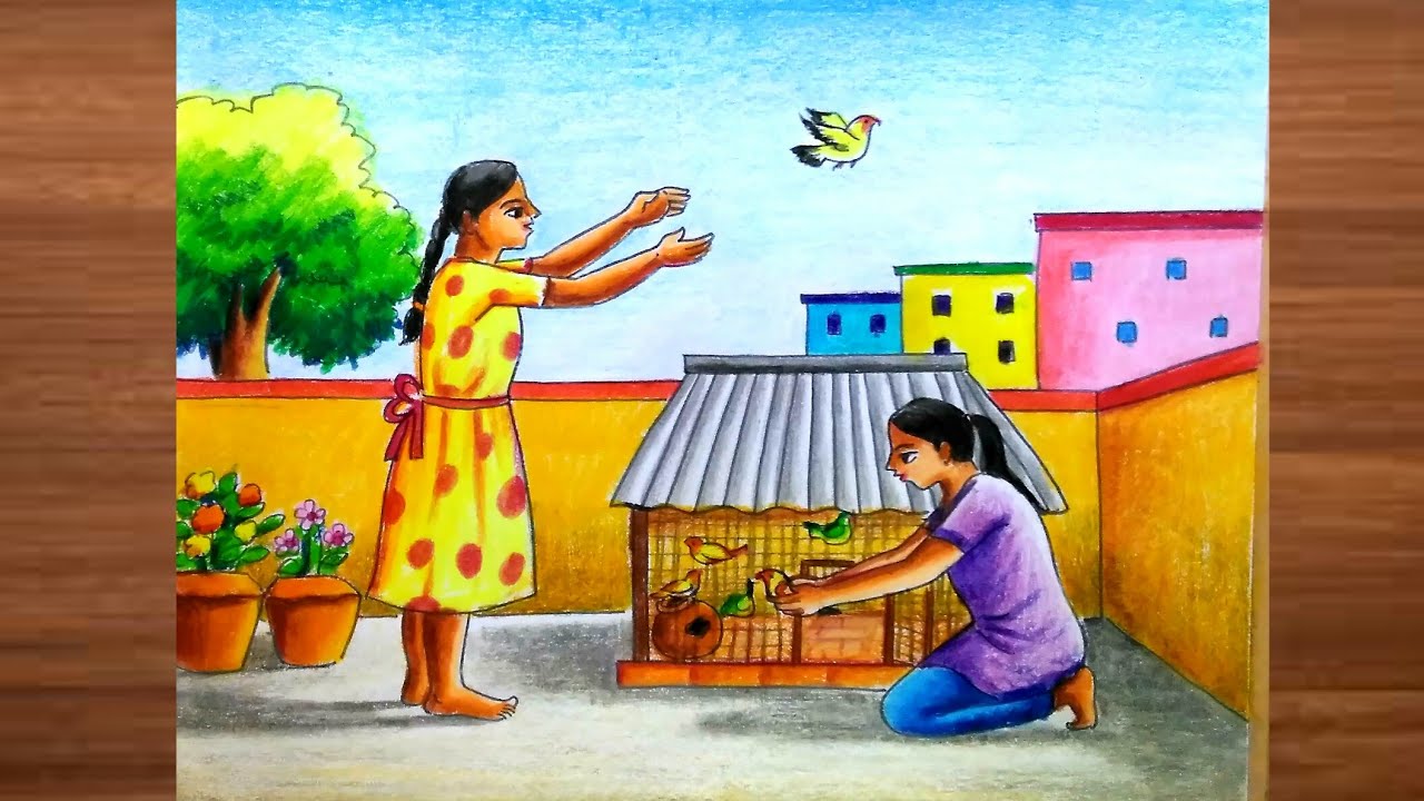 girls freeing birds scenery drawing step by step/Girls with bird ...