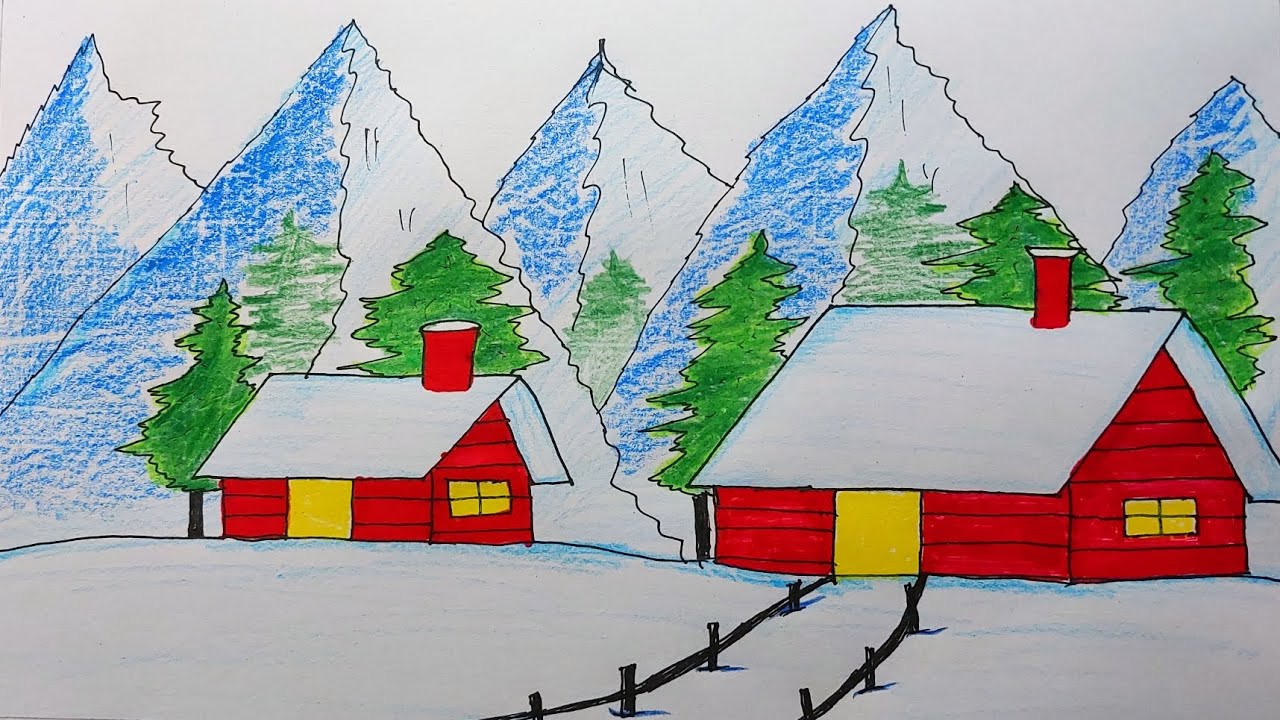 Snowfall scenery drawing with oil pastels | how to draw snowfall ...