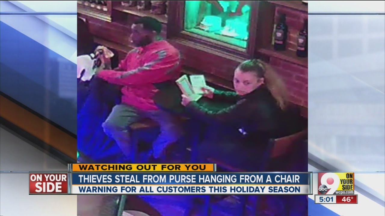 Restaurant thieves steal from purse hanging on chair - YouTube