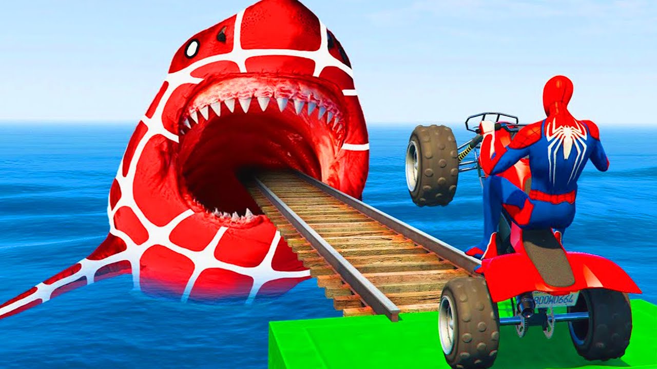 GTA 5 Crazy Ragdolls | Spiderman by Quad Bike On Rainbow Spiders Bridge (Spider Shark Jumps ...