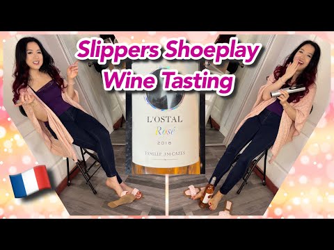 Loud Pink Slippers Shoeplay Wine Tasting, Summer Shoes Sandals Dangle, Legs Feet Model