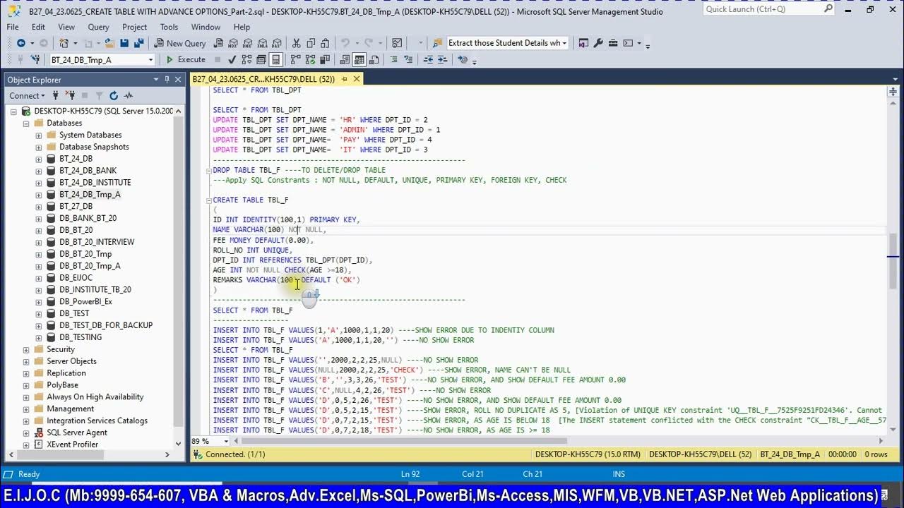 05_23.0625_MicroSoft SQL Server Tutorials_0027_Constrained, PK, Clustered Indexex, GroupBy ...