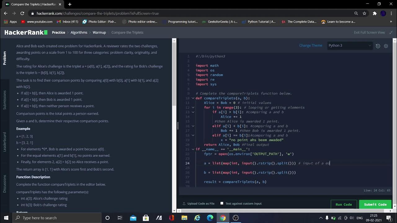 Compare triplets hacker rank soluion in python | comparetriplets hackerrank solution inpython ...