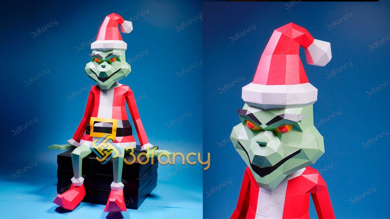 DIY 3D Grinch Papercraft - PDF, SVG Template - How to make Grinch Low ...