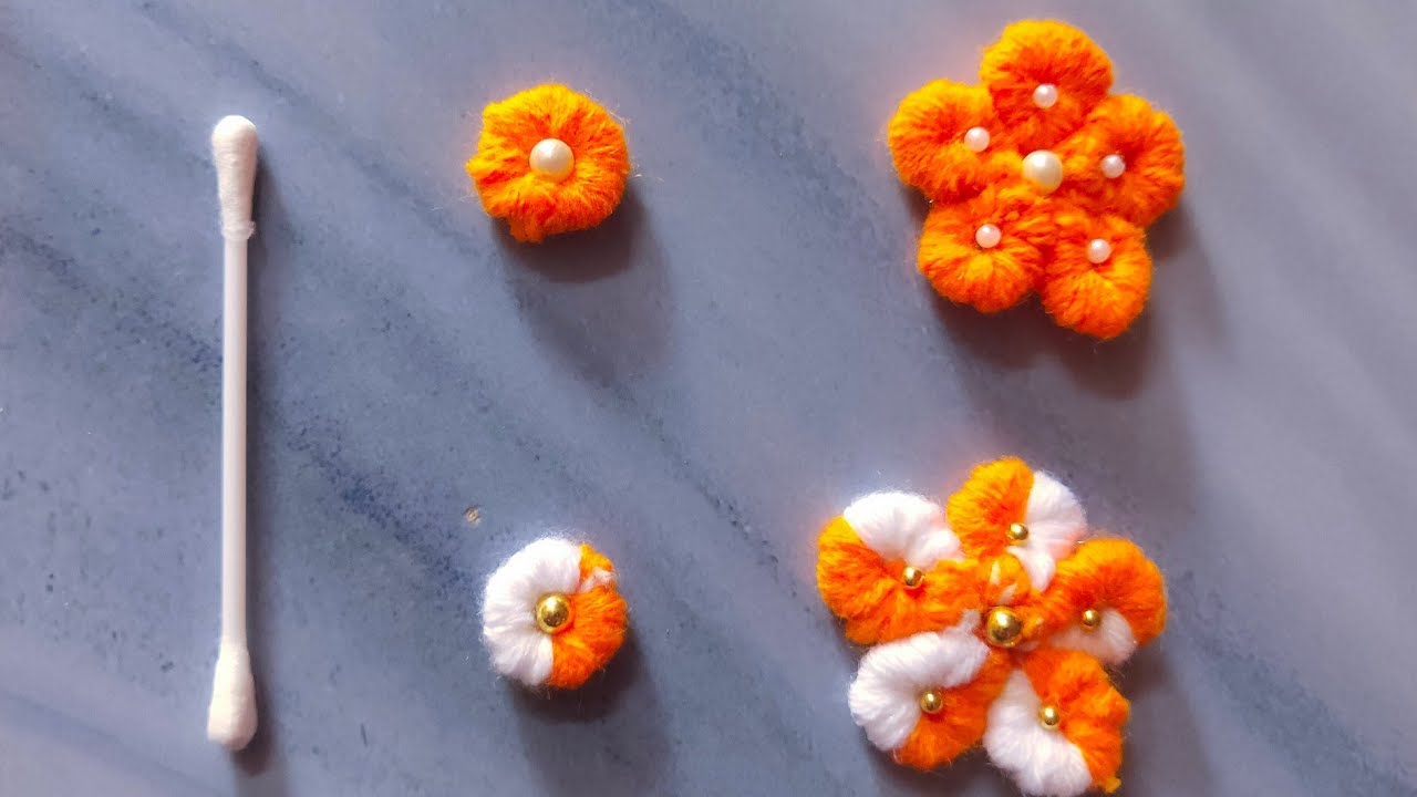 woolen flowers craft Super trick with cotton earbuds/Easy small woolen ...