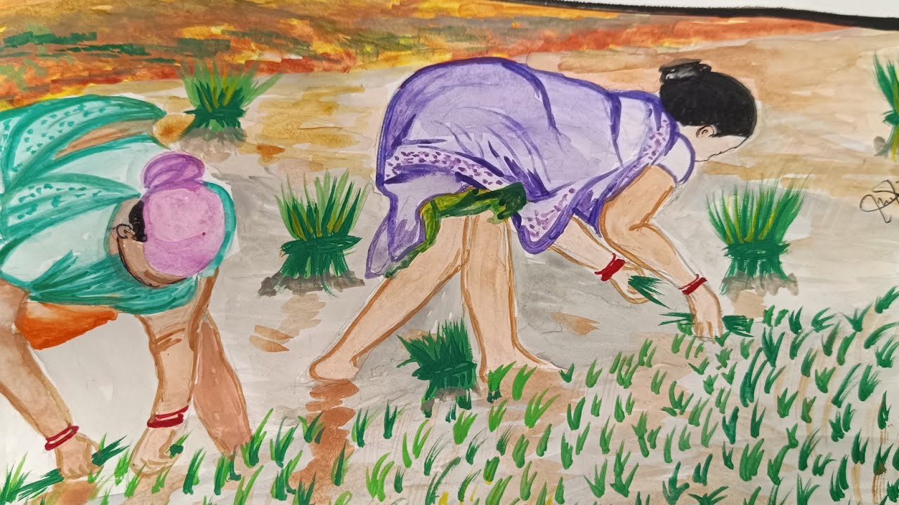 How to draw scenery of working people|| Cultivation 🌾🌾step by step ...