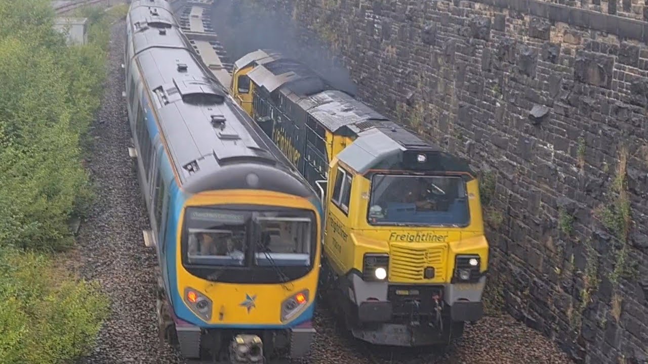 Clagging Class 70 crosses a TPE 185 unit at Marsden - YouTube