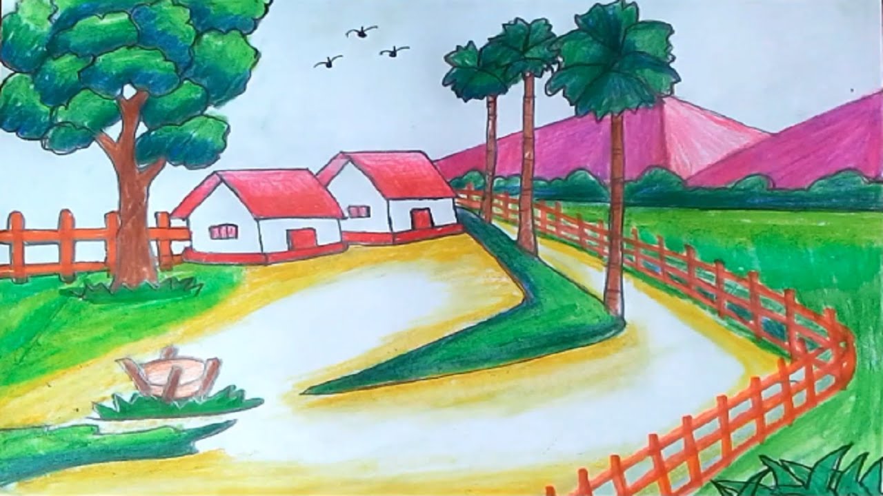 How To Draw Easy Scenery | গ্রামের সহজ প্রাকৃতিক দৃশ্য আঁকা ও রং করা ...
