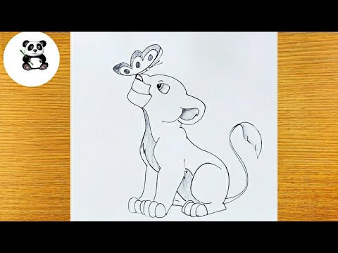 cute little lion cub playing with butterfly pencil drawing ...