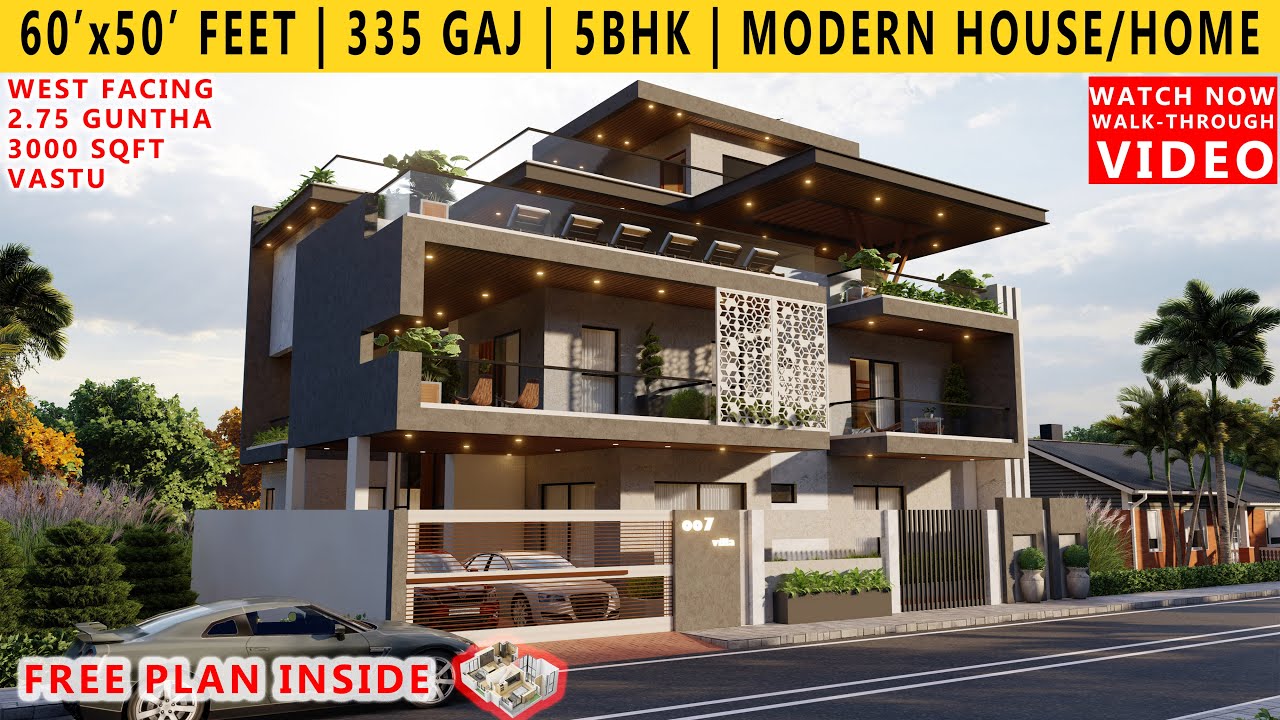 60' x 50' FEET HOUSE PLAN 3D VIDEO | 5BHK BUNGALOW | 335 GAJ | 3000 ...