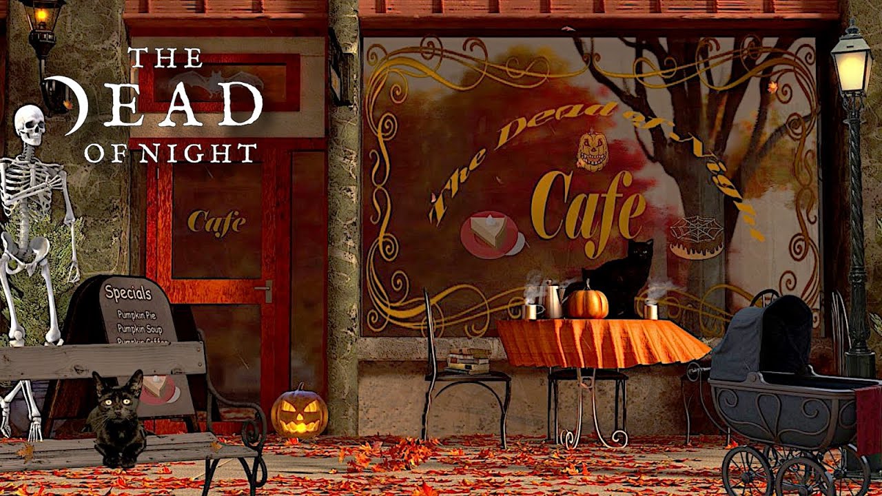 Halloween Cafe Ambience ☕🍂🎃 | Autumn Sounds with Rain & Thunder Weather ...