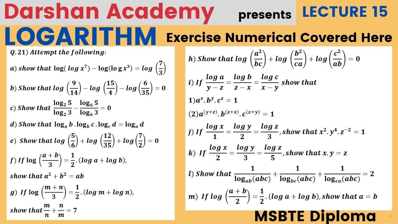 Logarithm Lecture 15 || MSBTE Diploma || 1st Sem || Basic Mathematics ...