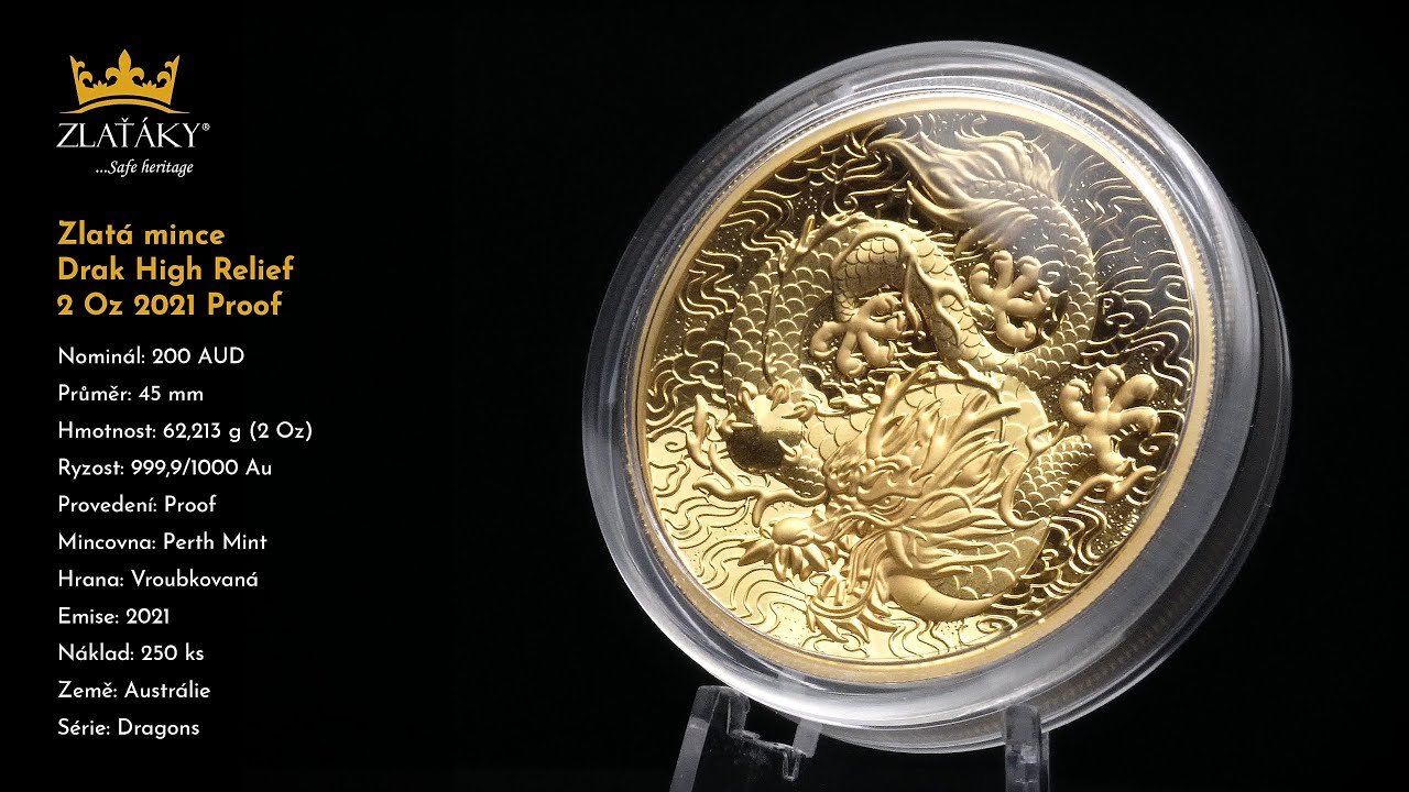 Zlatá mince 2 Oz Drak High Relief 2021 Proof - YouTube
