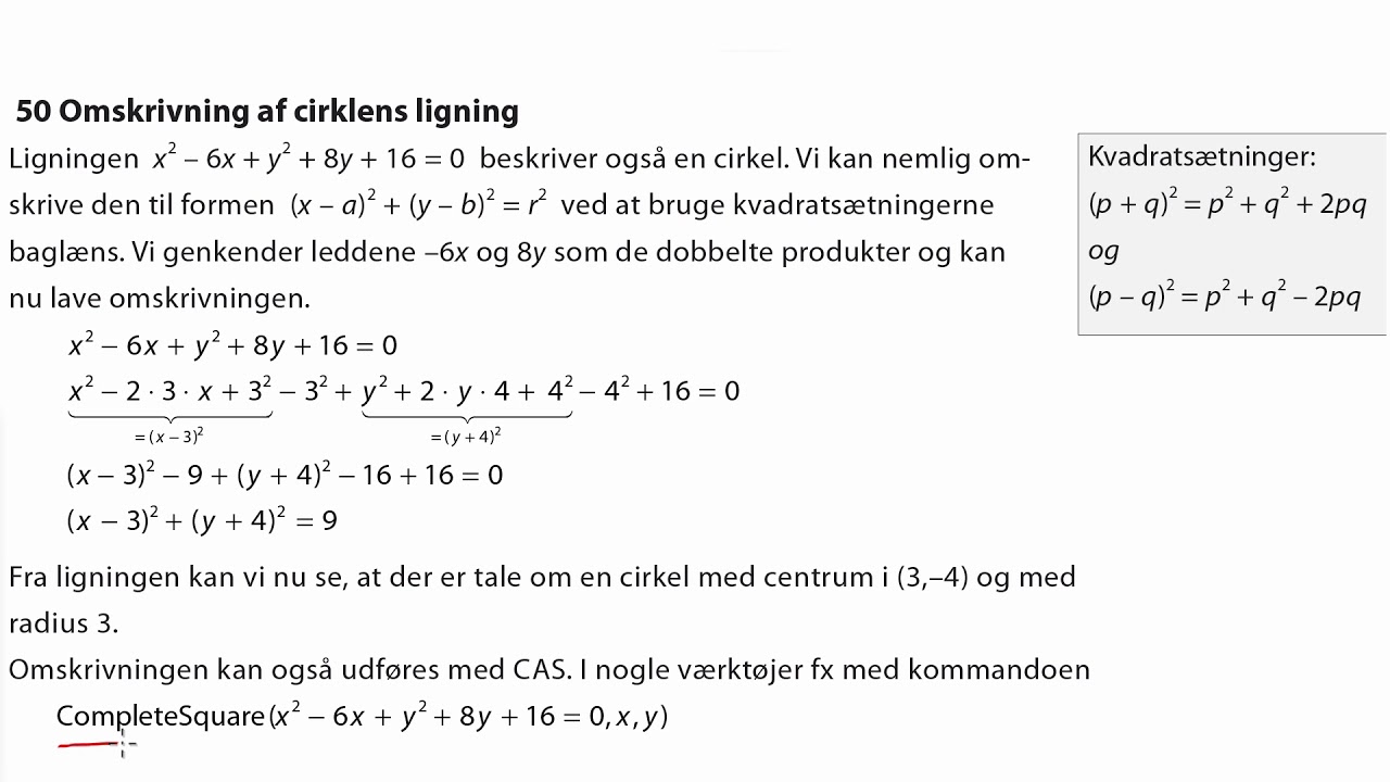 Omskrivning af cirklens ligning - YouTube