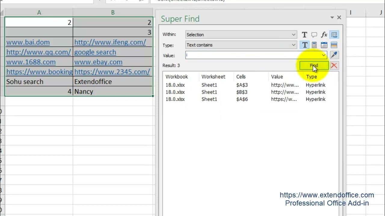 Quickly Search Specific Text Values Only In Hyperlinks In Excel - YouTube