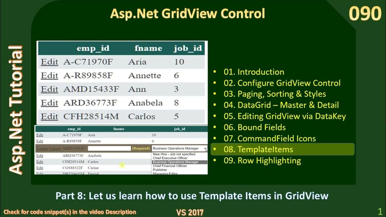 Asp Net GridView | Part 8 - GridView TemplateItems | Asp Net Tutorial #90 - YouTube