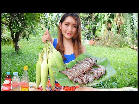 Girl Awesome shrimp frying with corn recipe prepared by beautiful girl | village food factory