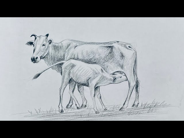 Cow And Calf Pencil Drawing