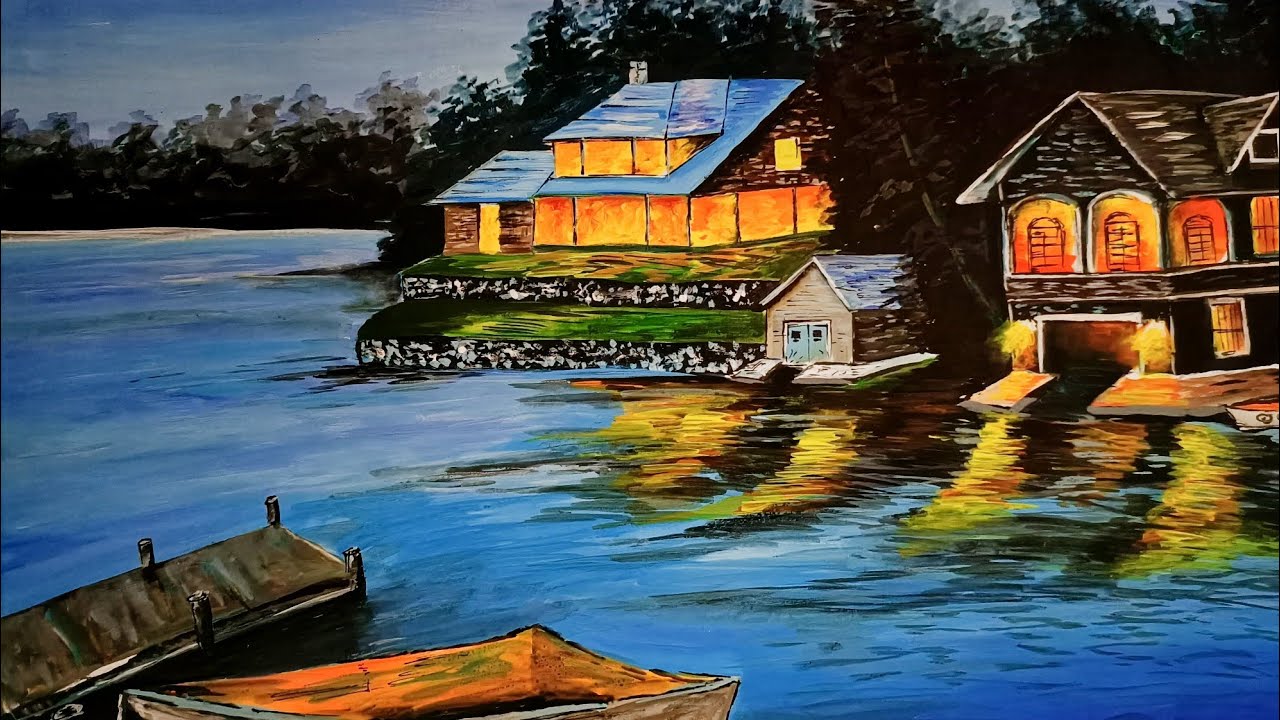 How to draw Riverside landscape with acrylic colours|landscape painting ...