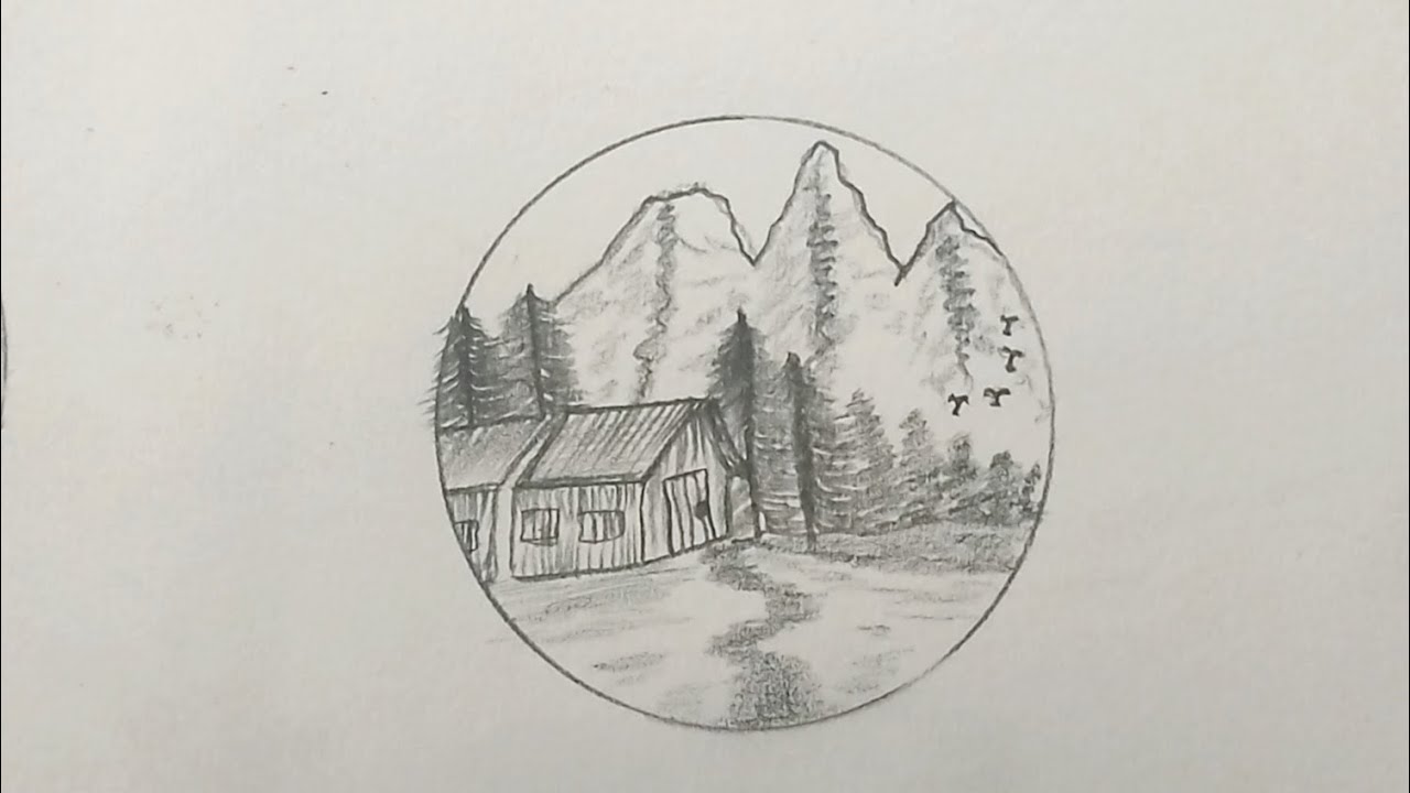 Drawing of a beautiful house between mountains || hill scene drawing ...