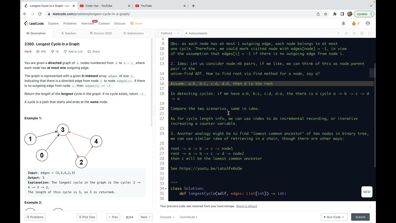 Leetcode 2360 Longest Cycle In A Graph Traversal Along A Chain Youtube