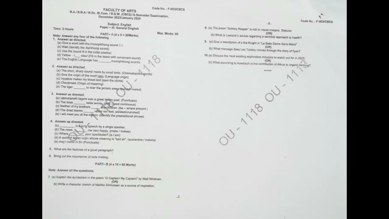 English | Sem 3 | Dec 2023 - Jan 2024| BA-BBA-BCom-BSc Question Paper ...
