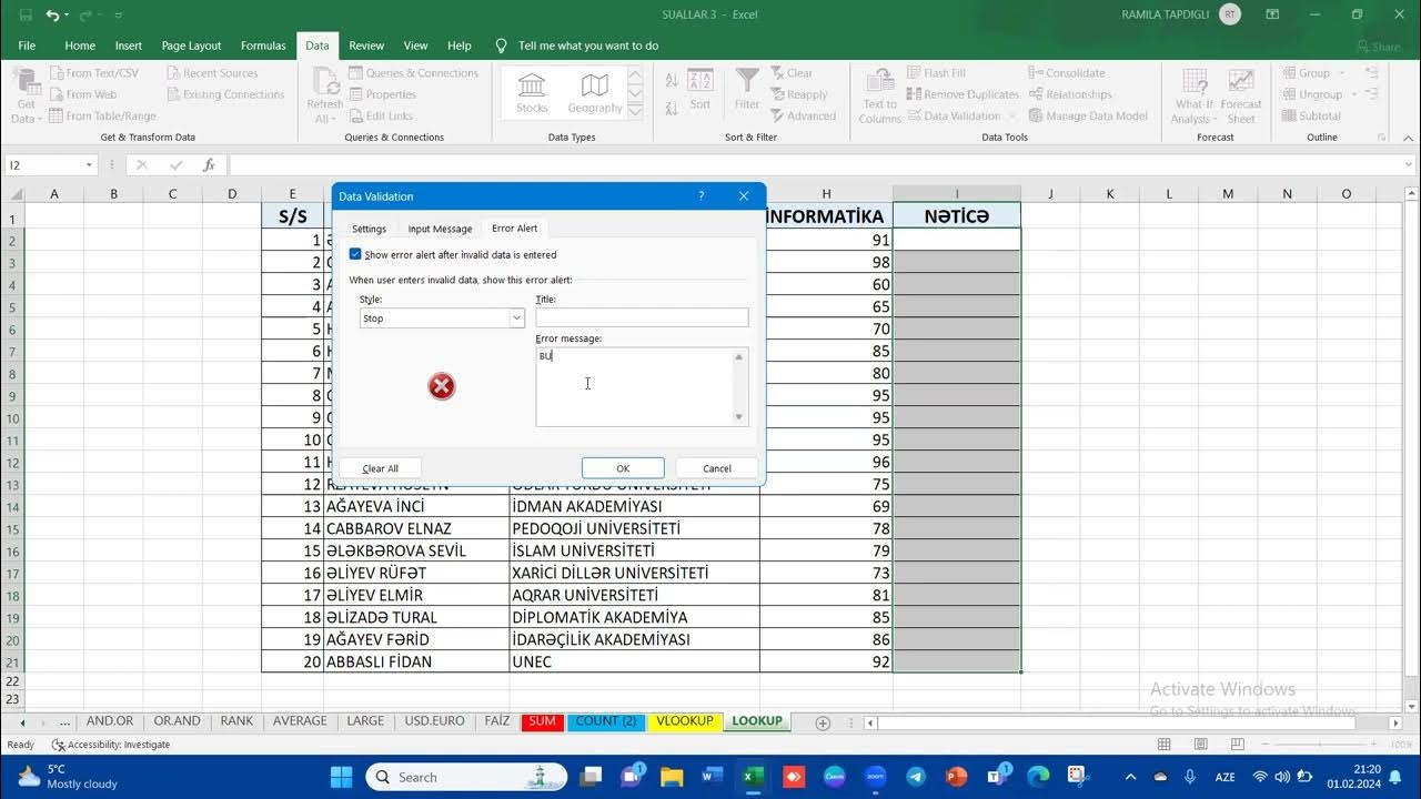 Ms Excel Data Valİdatİon Youtube