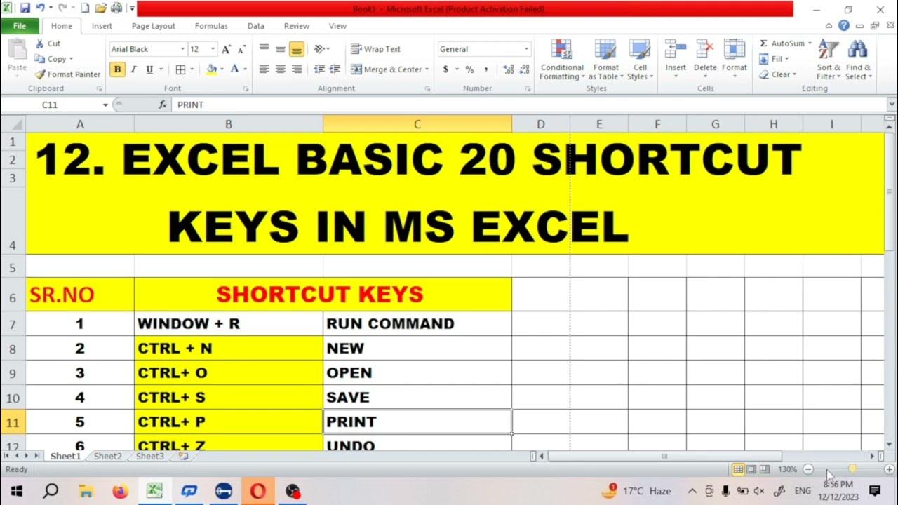 Excel Basic 20 Shortcut Keys In Ms Excel Excel Excelshortcutkeys Shortcutkeys Youtube
