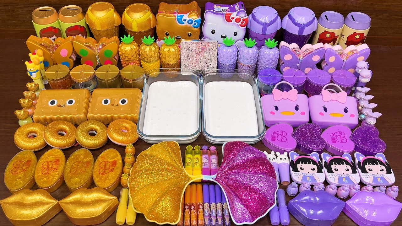 GOLD vs PURPLE ! Mixing Random into GLOSSY Slime ! Satisfying Slime ...